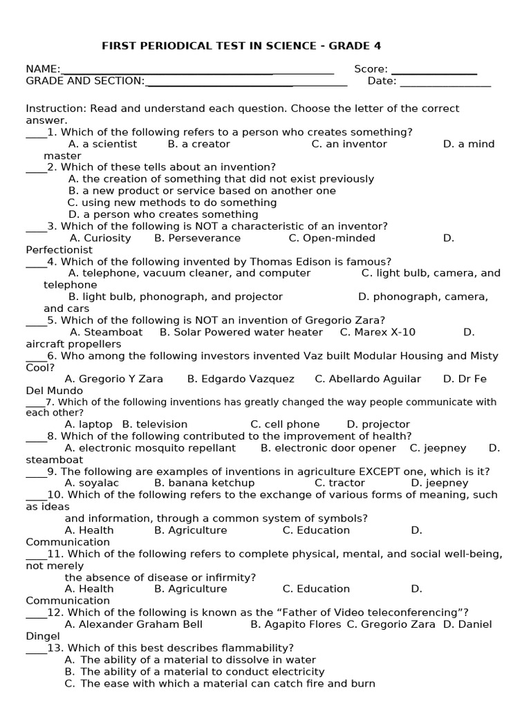 Science 4 1st Periodic Test | PDF
