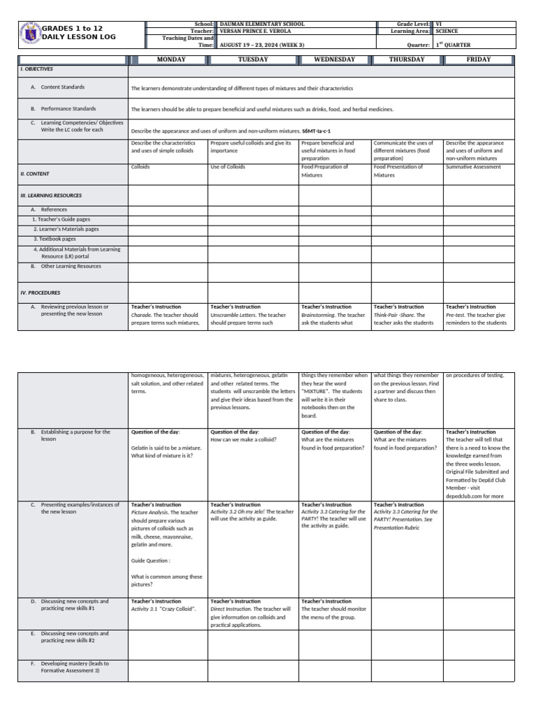 DLL - Science 6 - Q1 - W3 | PDF