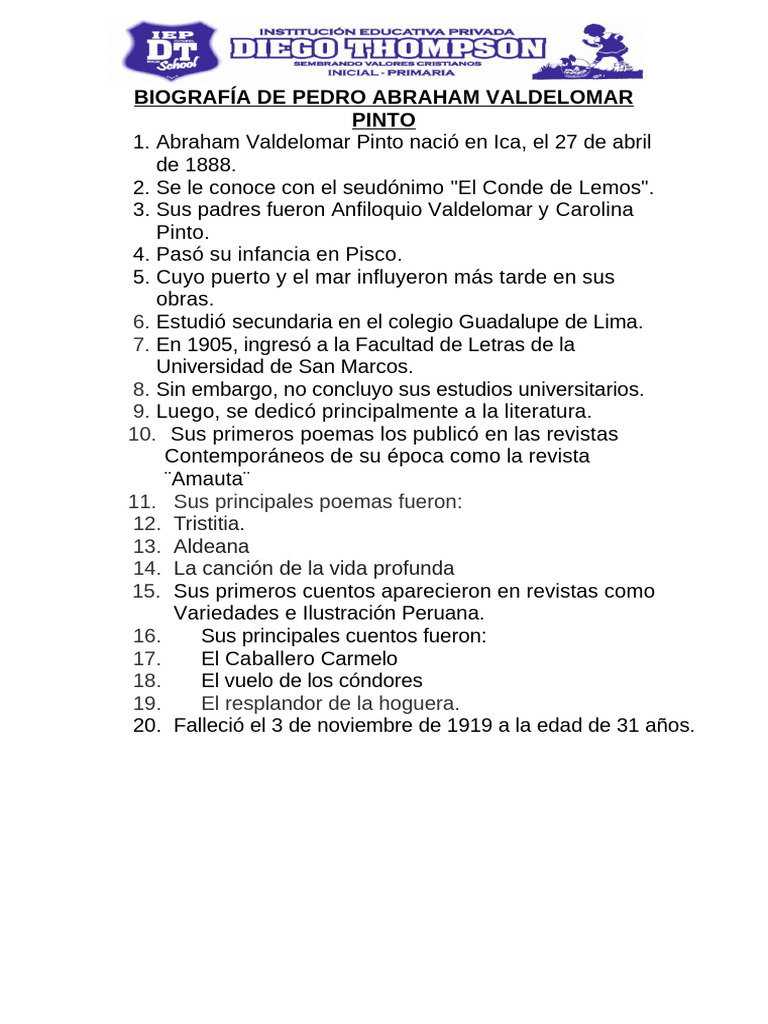 Biografía de Pedro Abraham Valdelomar Pinto | PDF
