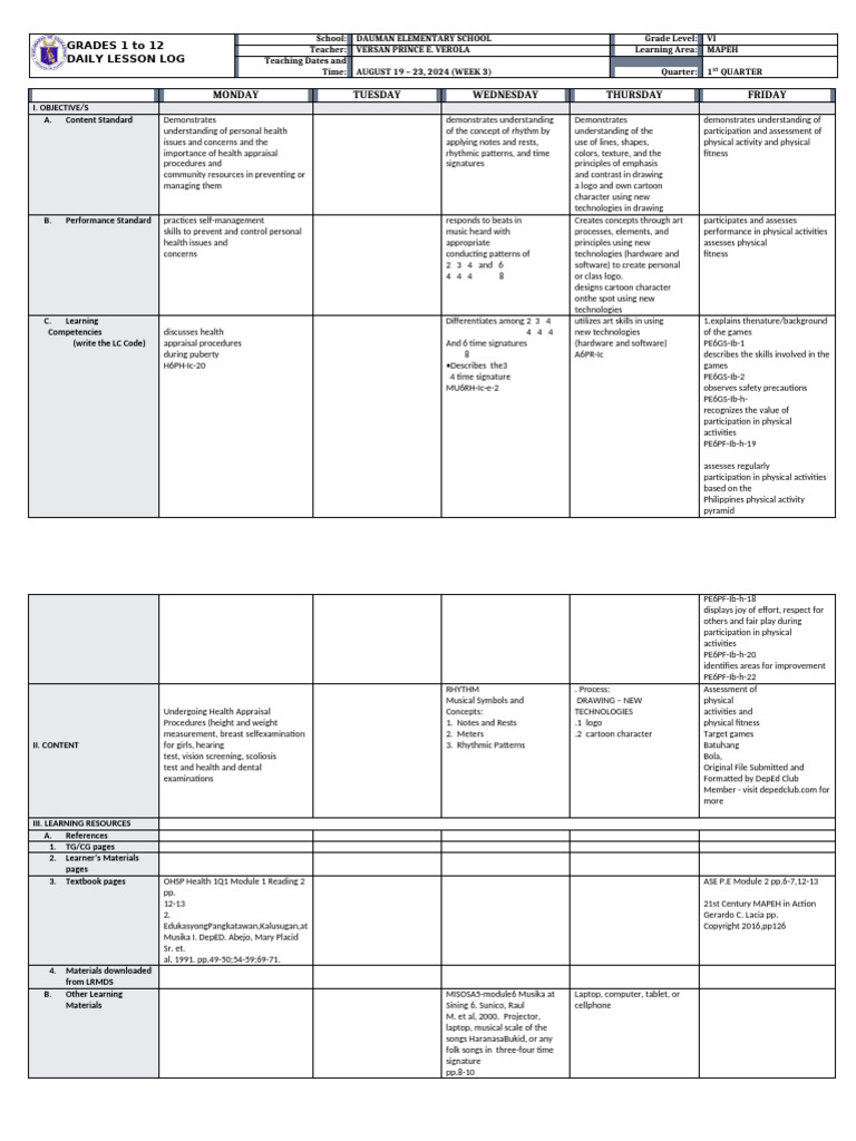 DLL - Mapeh 6 - Q1 - W3 | PDF
