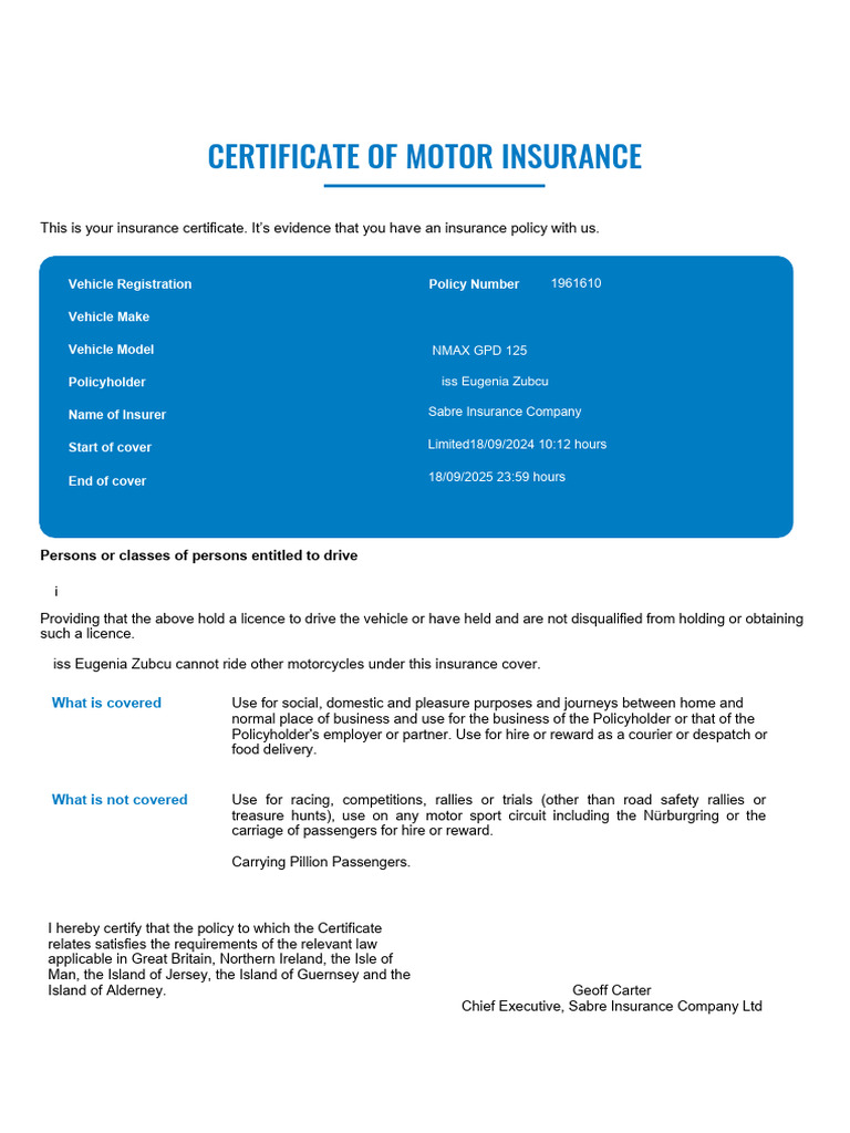 Certificate of Motor Insurance Overview | PDF | Vehicle Insurance ...
