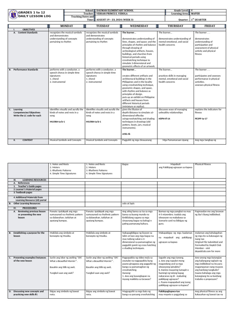 DLL - Mapeh 5 - Q1 - W3 | PDF