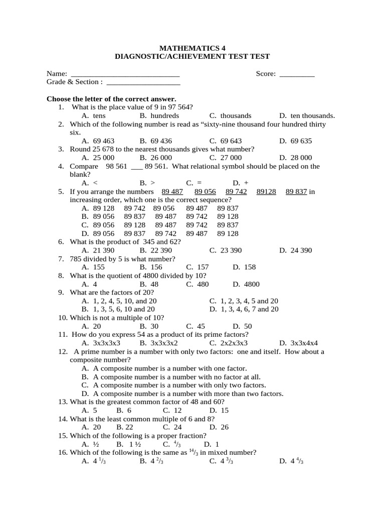 Mathematics 4 Diagnostic Test Questions Pdf Numbers Triangle