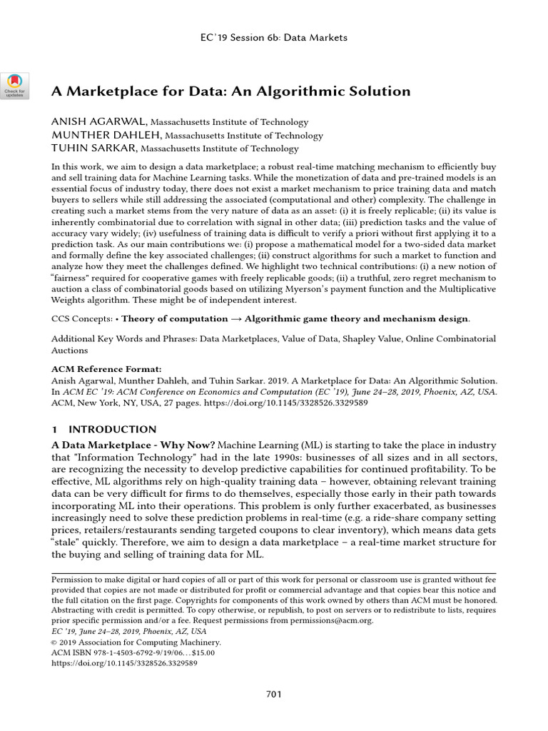 A Marketplace For Data An Algorithmic Solution | PDF