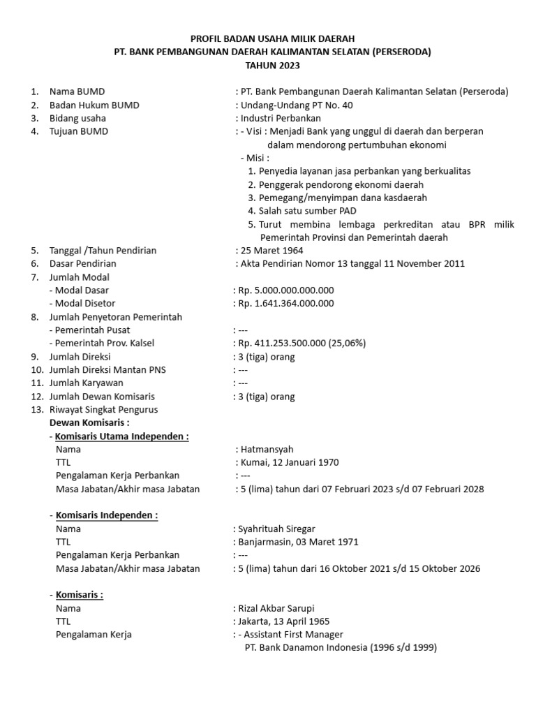 Profil Bumd Pt. Bank Kalsel Tahun 2023 | PDF
