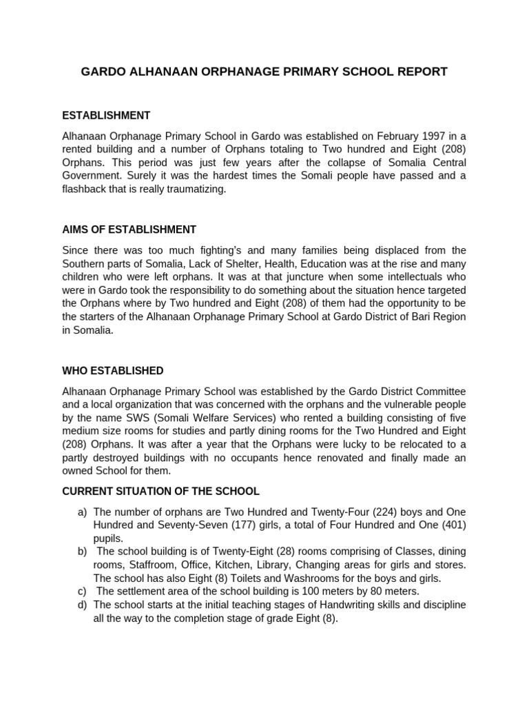 Gardo Alhanaanorphanage Primary School Report | PDF | Orphanage