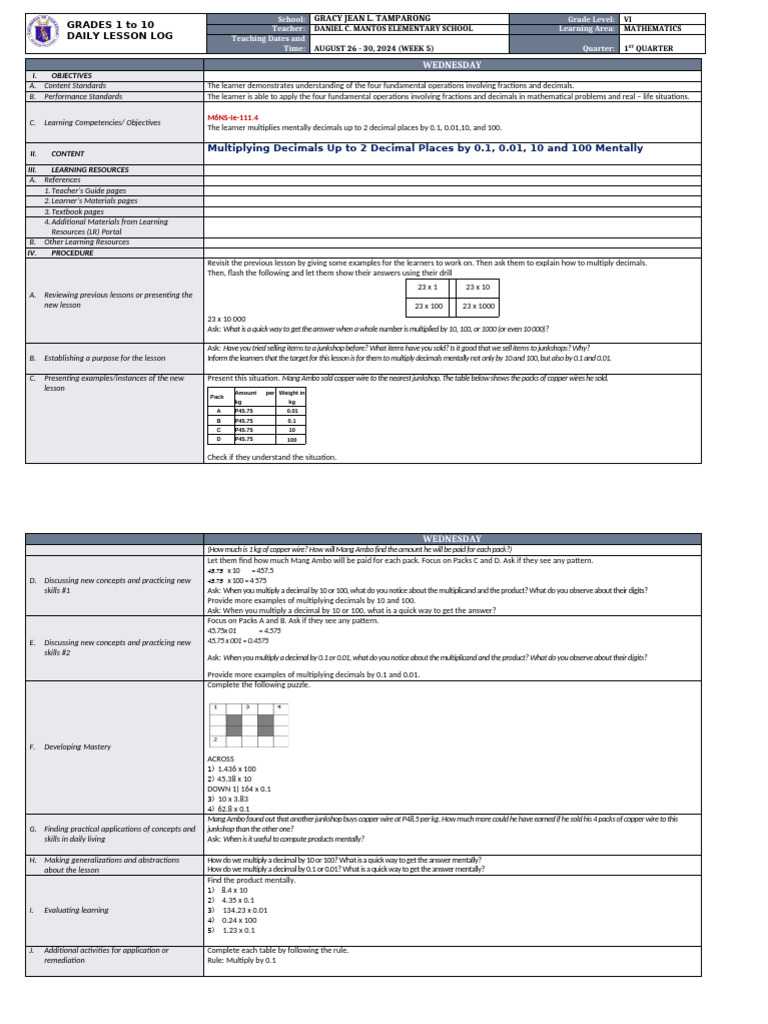 Observation DLL - Mathematics 6 - Q1 - W5 | PDF | Learning | Cognition
