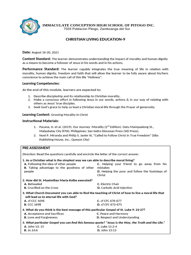 Christian Living Education-9: Immaculate Conception High School of ...