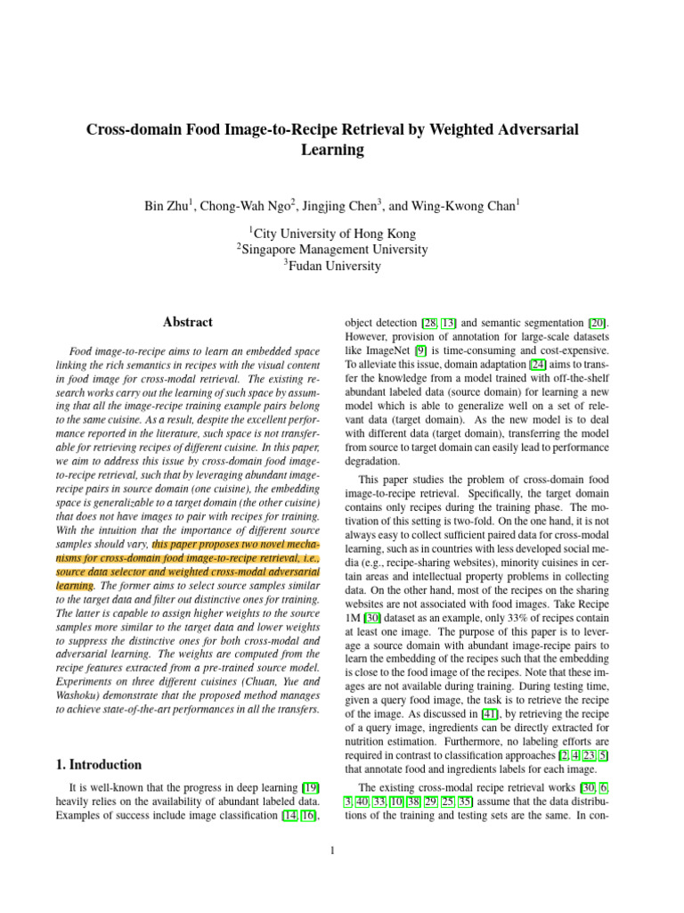 Cross-Domain Food Image-to-Recipe Retrieval by Weighted Adversarial ...