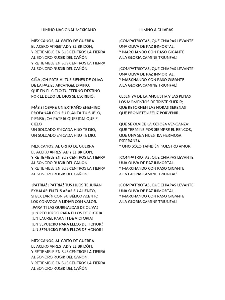 HIMNO NACIONAL MEXICANO E HIMNO A CHIAPAS | PDF
