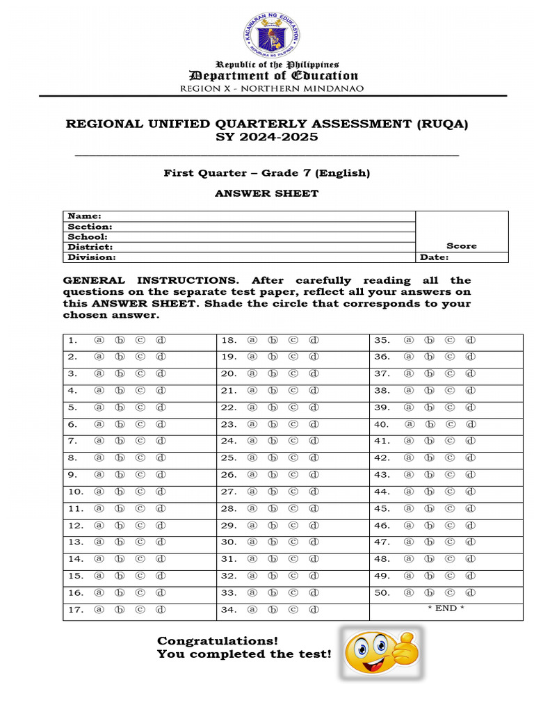Grade 7 English Q1 Assessment - Answer Sheet | PDF