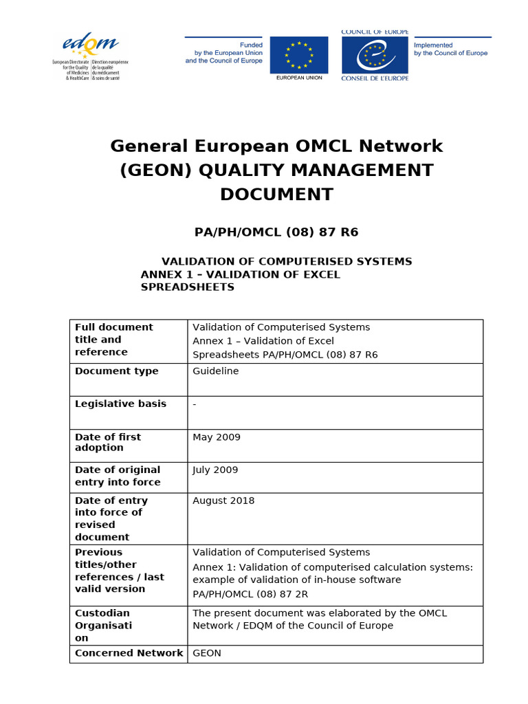 Validation of Computerised Systems Annex 1 Validation of Excel ...