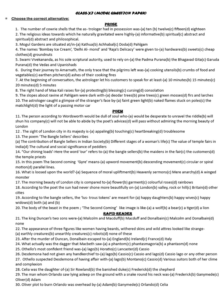 Model Question Xi | PDF | Othello