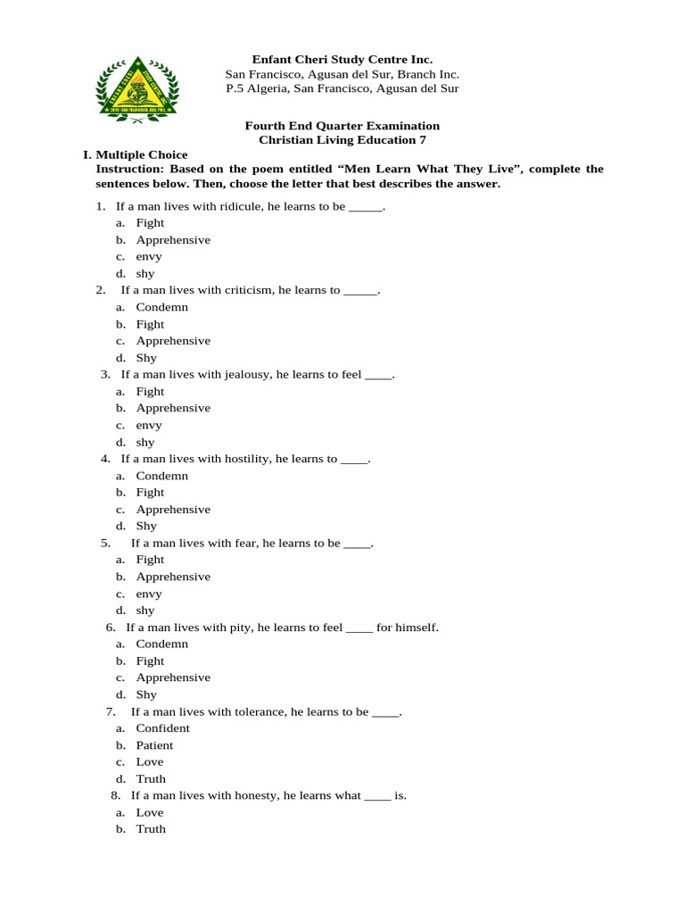 4th End Exam in Cle 7 | PDF