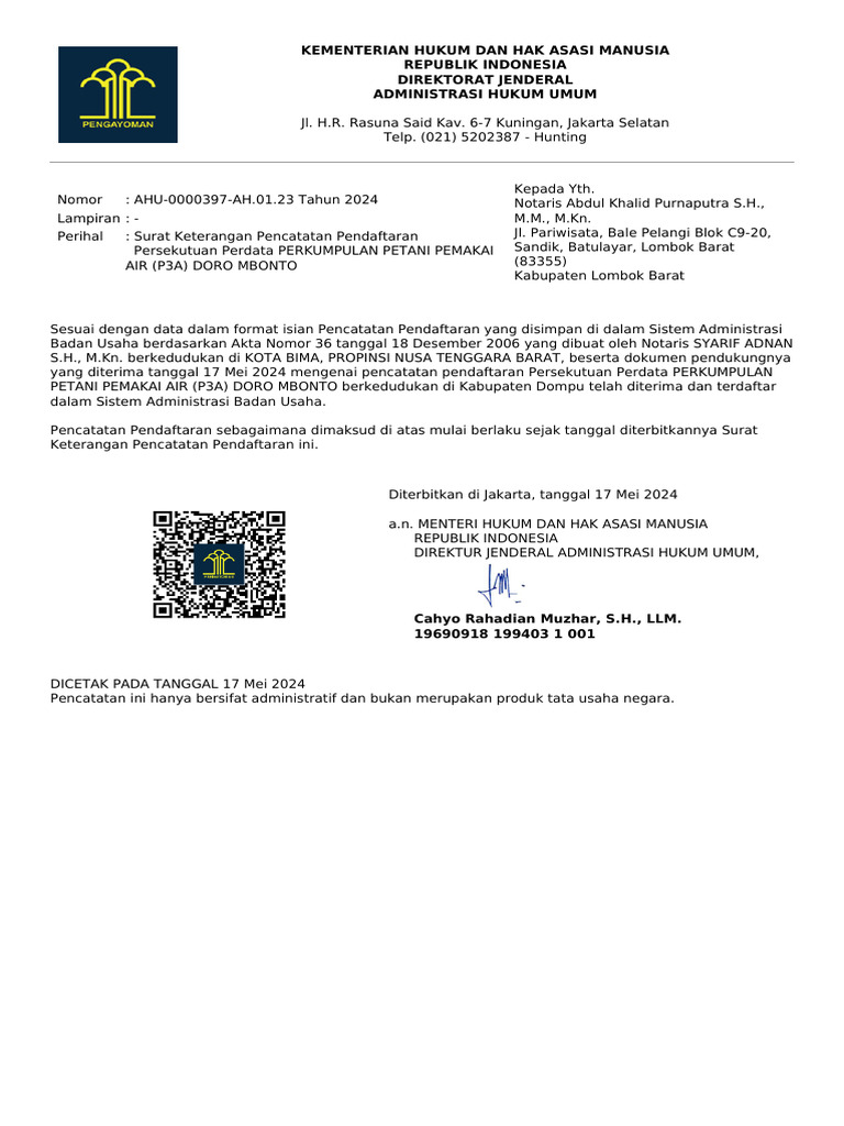 SK Kemenkumham AHU-0000397-AH.01.23 Tahun 2024-DORO MBONTO | PDF