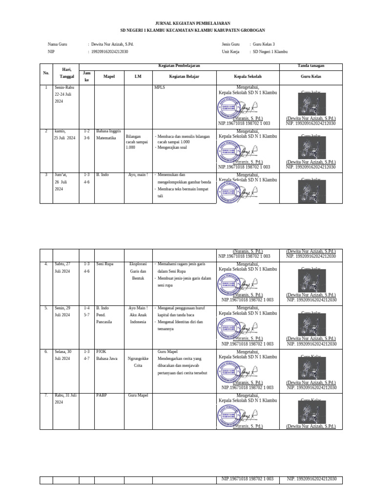 Jurnal Kls 3 SMT 1 24-25 Dewita | PDF