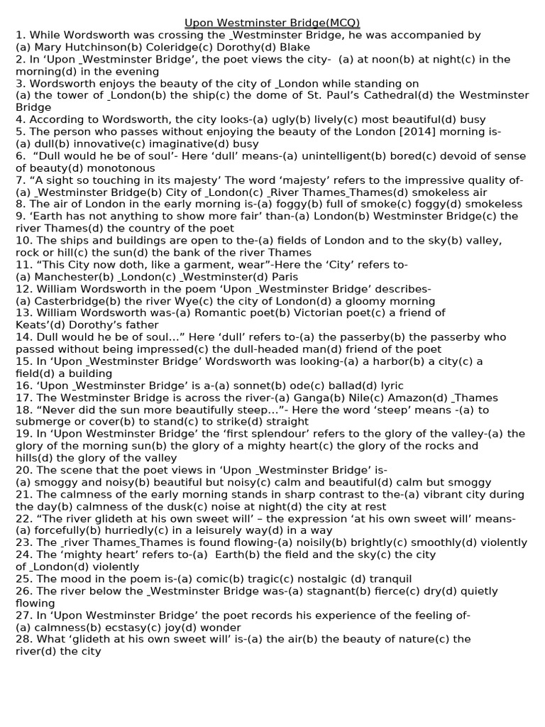 Upon Westminster Bridge | PDF | William Wordsworth | Art