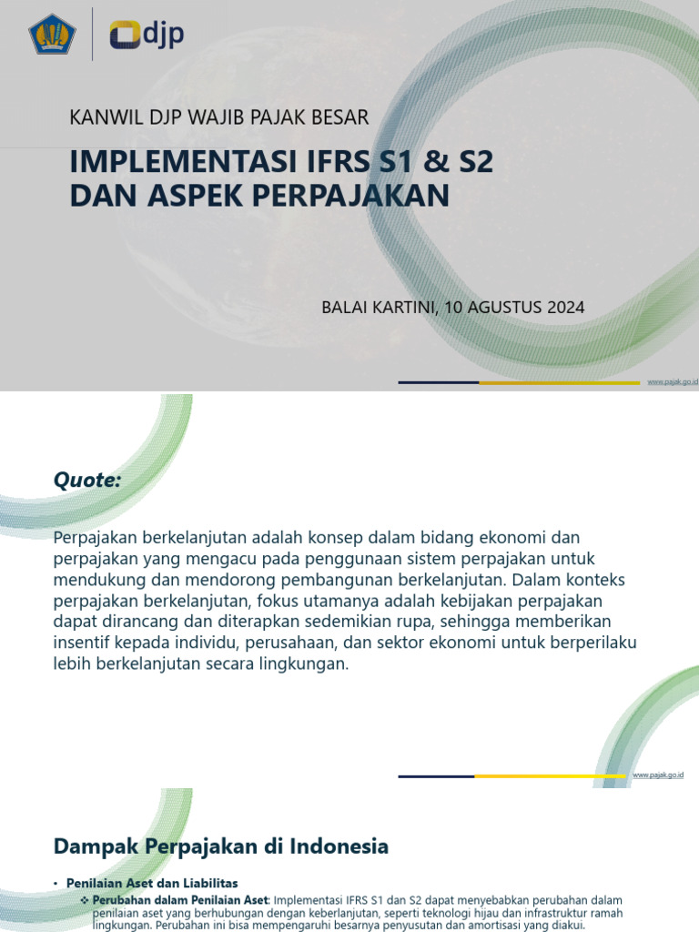 SLIDE PRESENTASI - Implementasi IFRS S1 & S2 Dan Aspek Perpajakan - KANWIL DJP WP BESAR | PDF