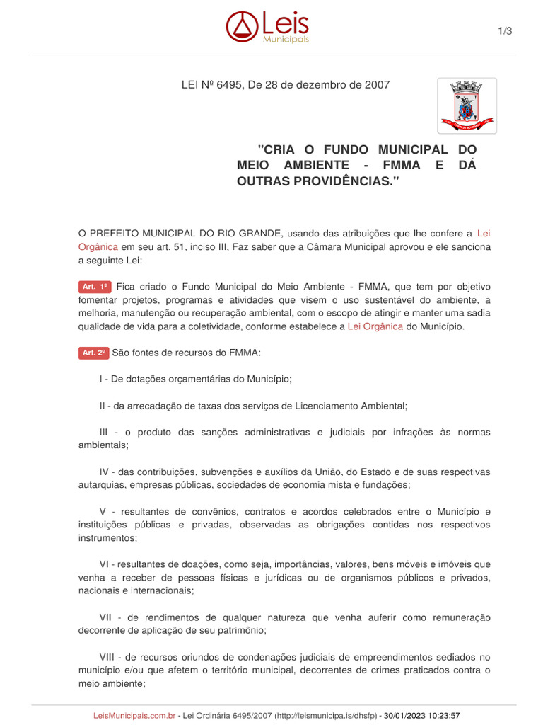 Lei 6.495-2007 - FMMA Fundo Municipal Do Meio Ambiente - Rio Grande | PDF