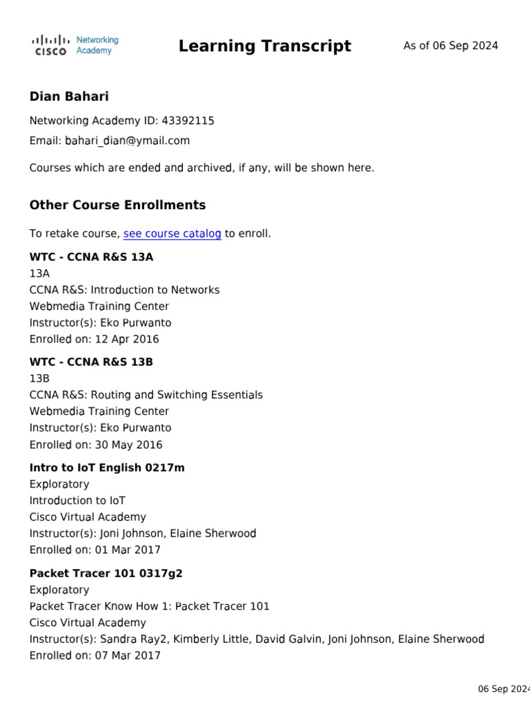 NetAcad Learning Transcript | PDF