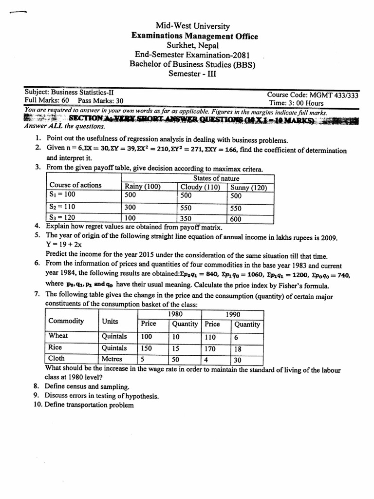 BBS Question Paper Business Statistics-II 2081 | PDF