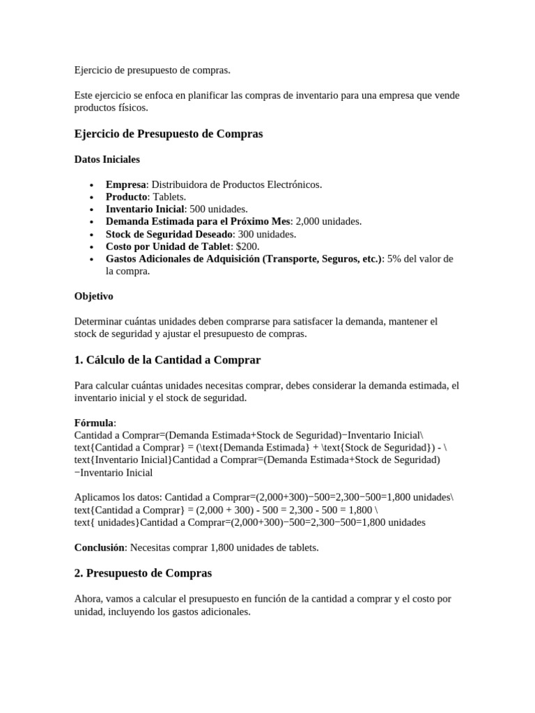 Ejercicio de Presupuesto de Compras | PDF