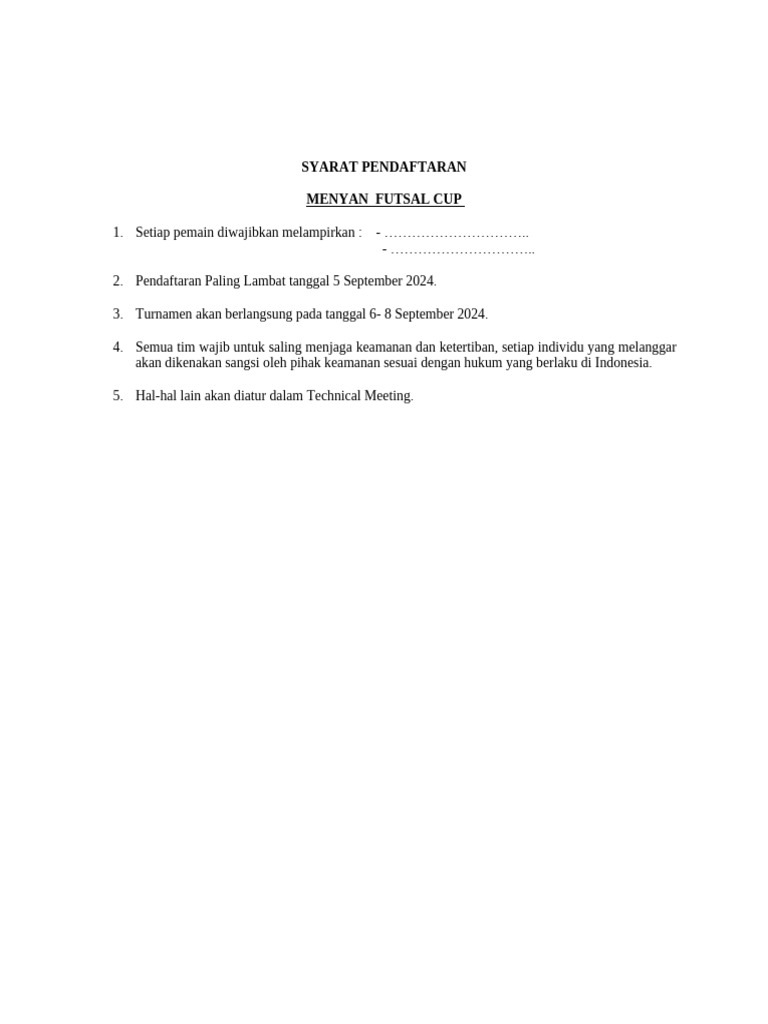 Syarat Pendaftaran Futsal | PDF