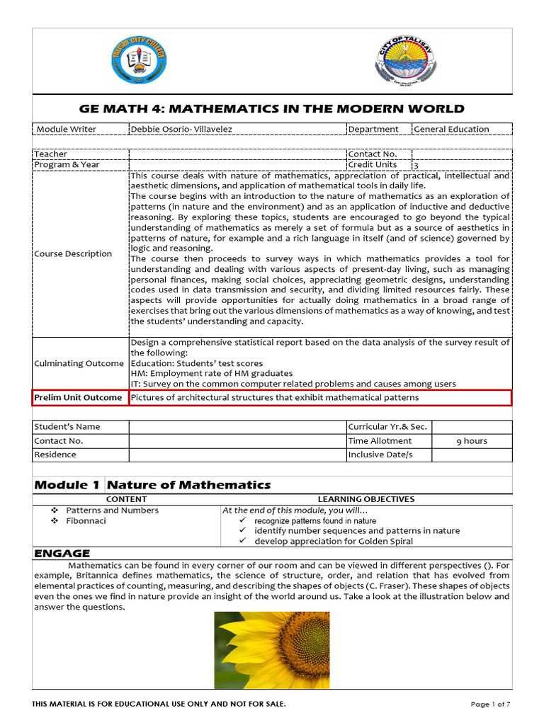 Ge Math 4 Module 1 | PDF
