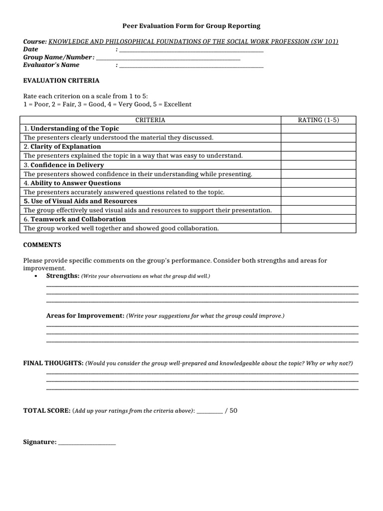 Peer Evaluation Form For Group Reporting | PDF | Cognitive Science | Cognition
