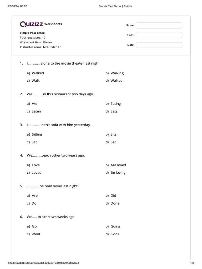 Simple Past Tense - Quizizz | PDF