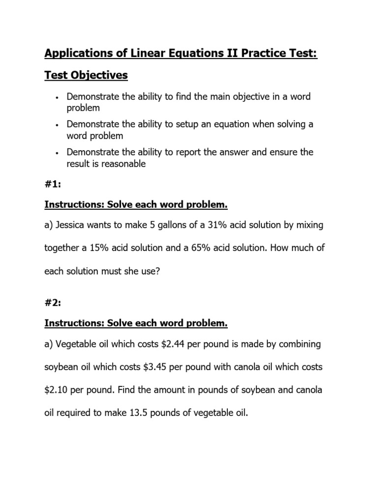 Applications of Linear Equations 2 Practice Test | PDF