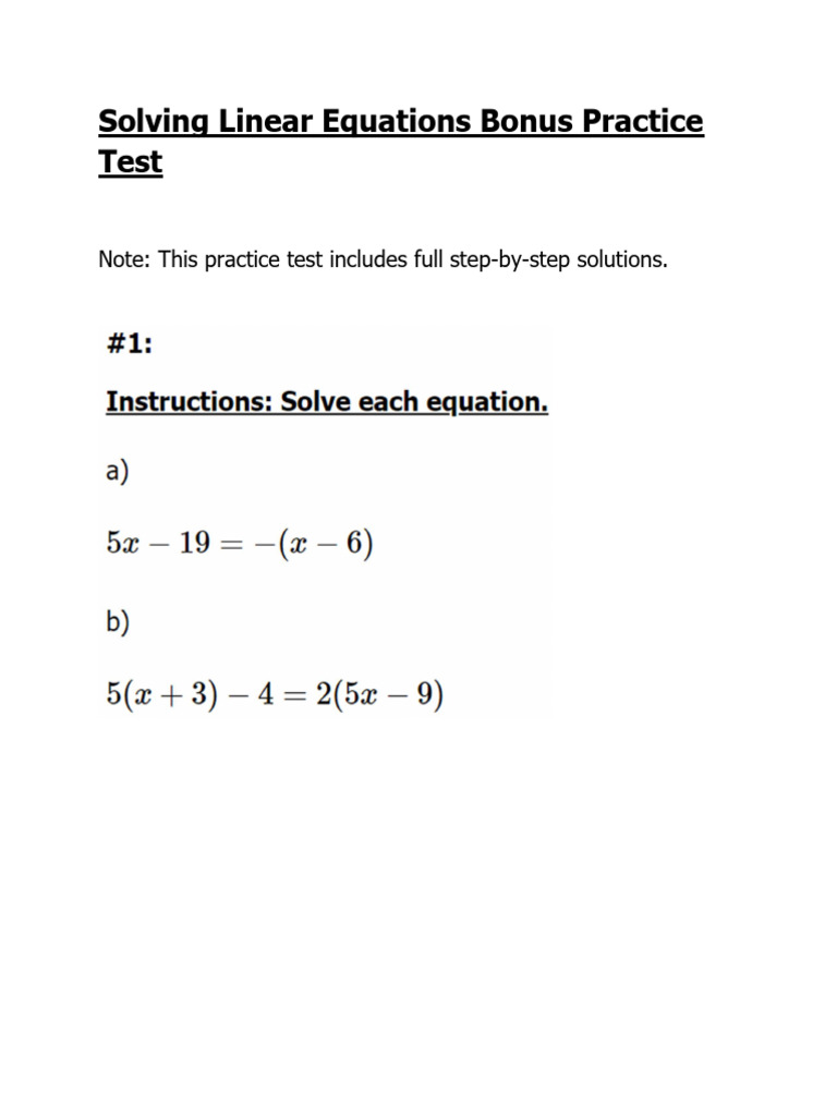 Solving Linear Equations Bonus Practice Test 1 | PDF