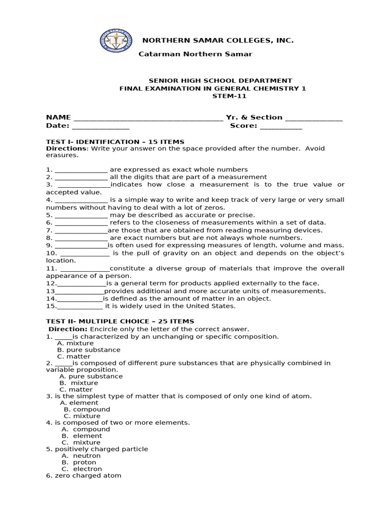 Gen. Chem 1 Final | PDF | Matter | Measurement