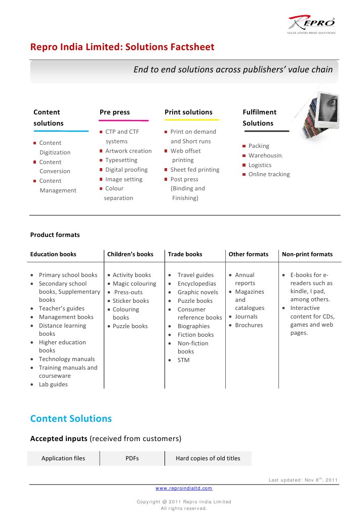 Repro India Limited Solutions Factsheet Pdf Books Publishing