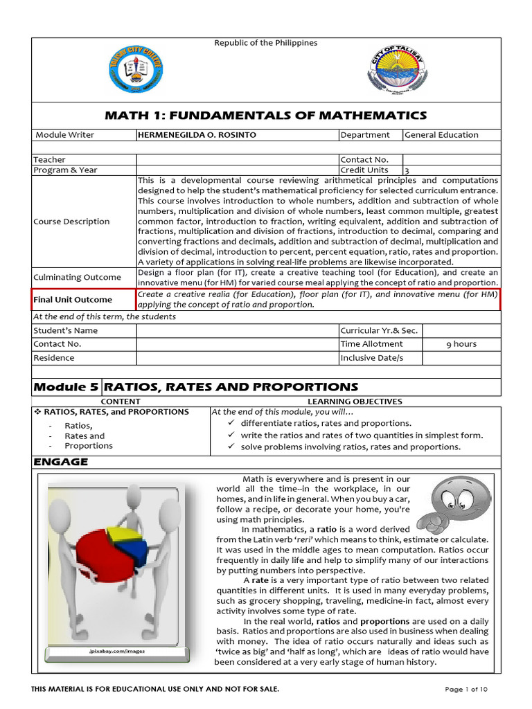 MODULE5 For MATH 1 RATIOS RATES and PROPORTIONS For Online Distribution ...
