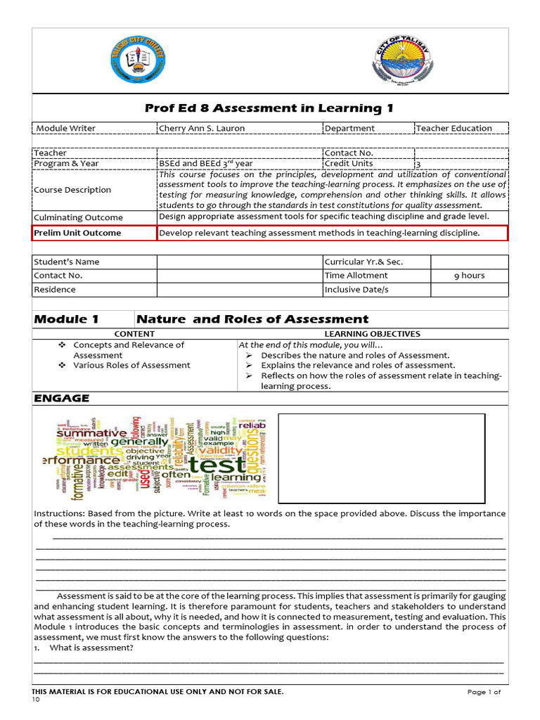 Prelim Module 1 Prof Ed 8 Assessment in Learning 1 | PDF