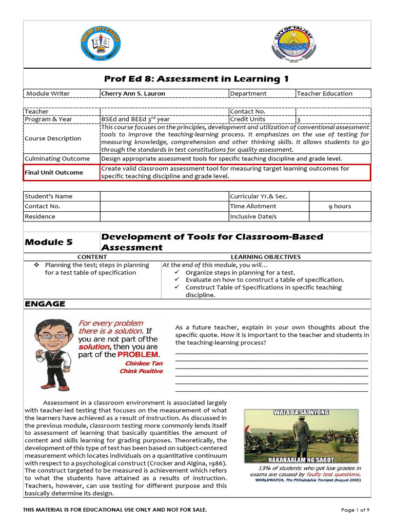 Final Module 5 Prof Ed 8 Assessment in Learning 1 | PDF