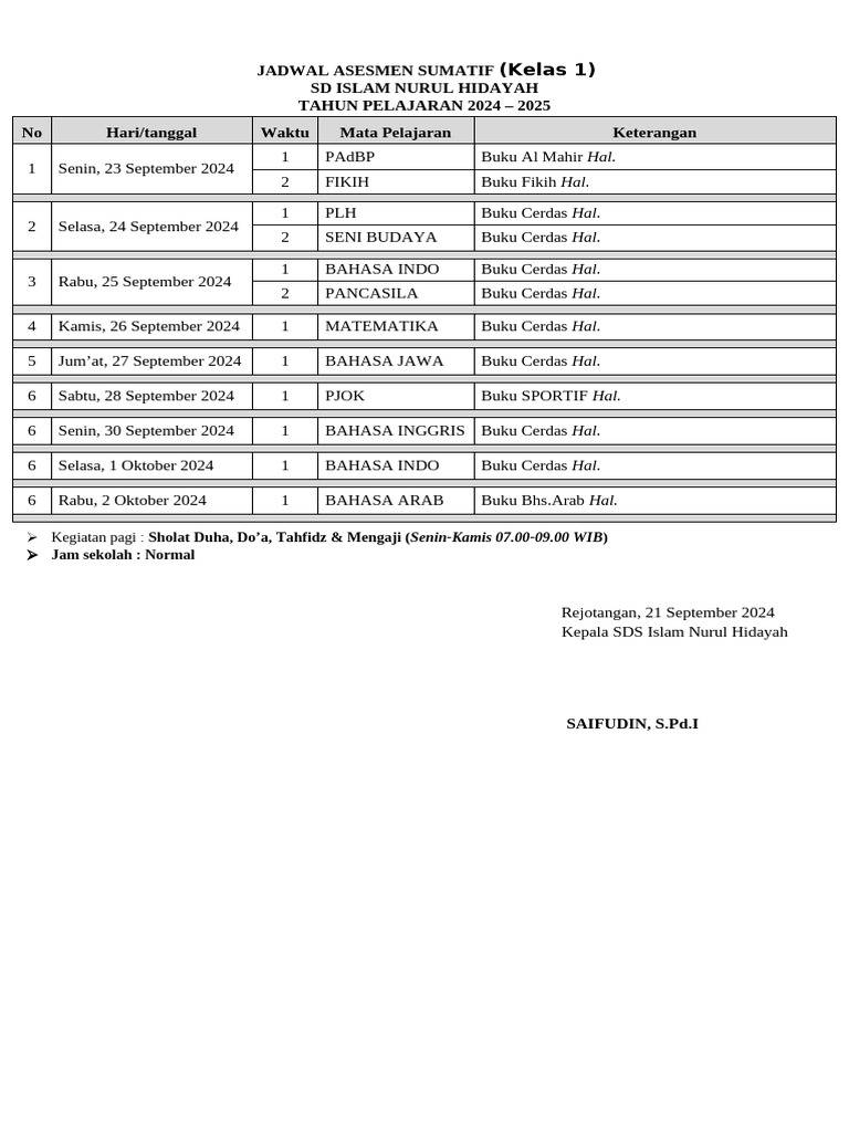 Jadwal Kelas 2 Sum 2024 | PDF