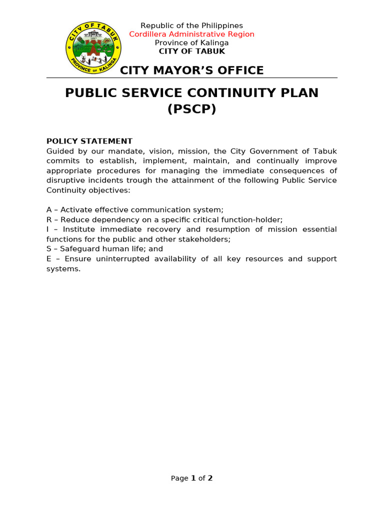 Cmo - Public Service Continuity Plan (PSCP) | PDF | Finance & Money ...