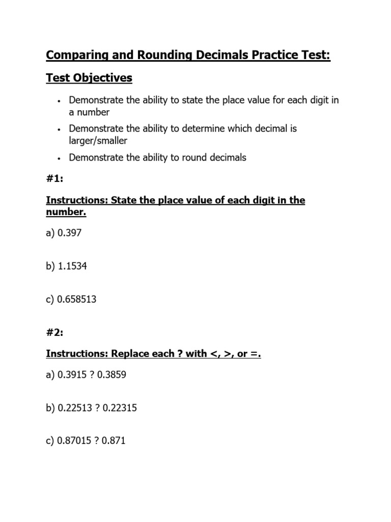 Comparing and Rounding Decimals Practice Test | PDF