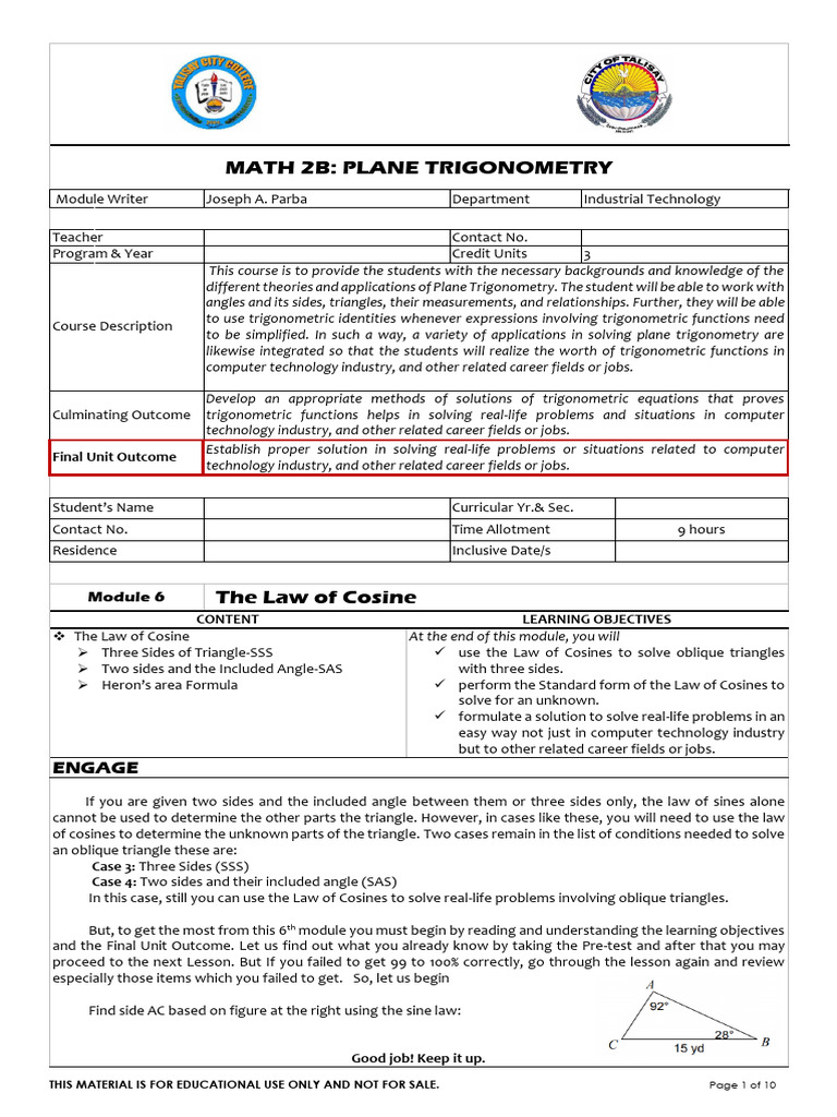 Module 6 Final Math 2B Plane Trigonometry Joseph Parba | PDF