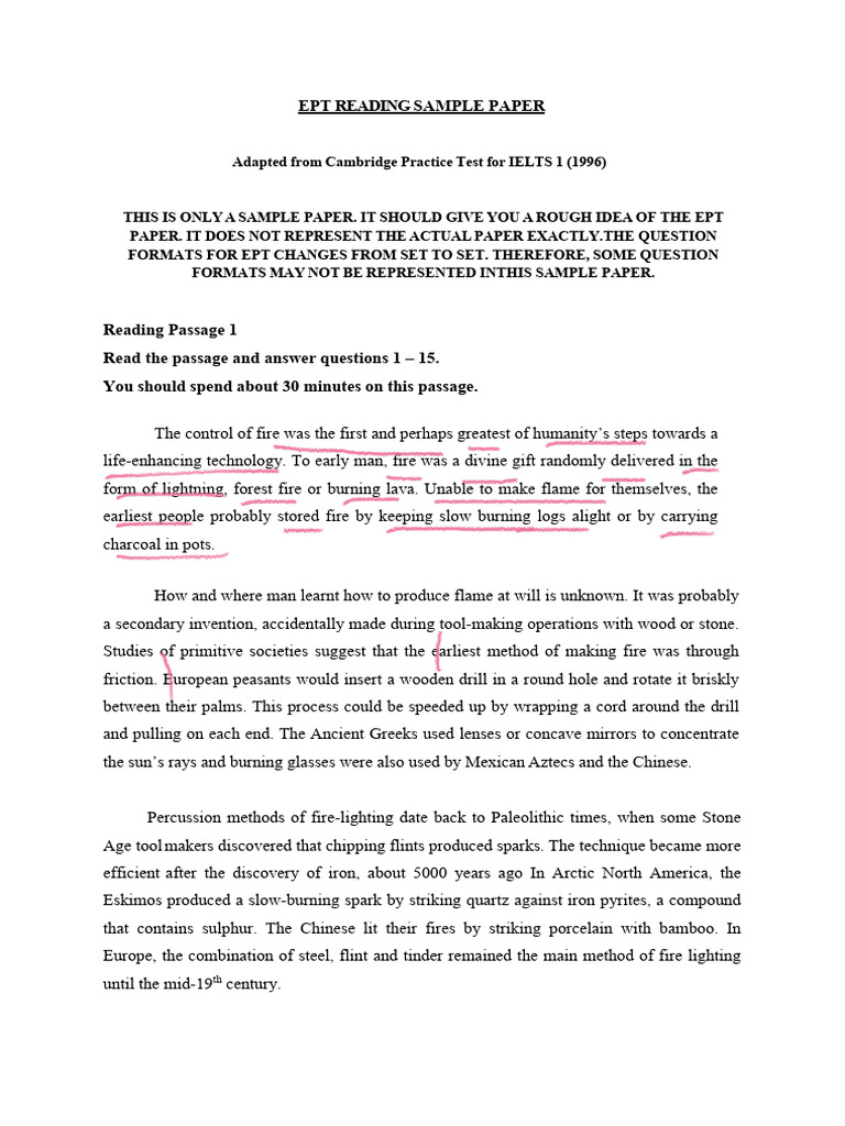 EPT Reading Practice Paper - Question Paper V2 | PDF