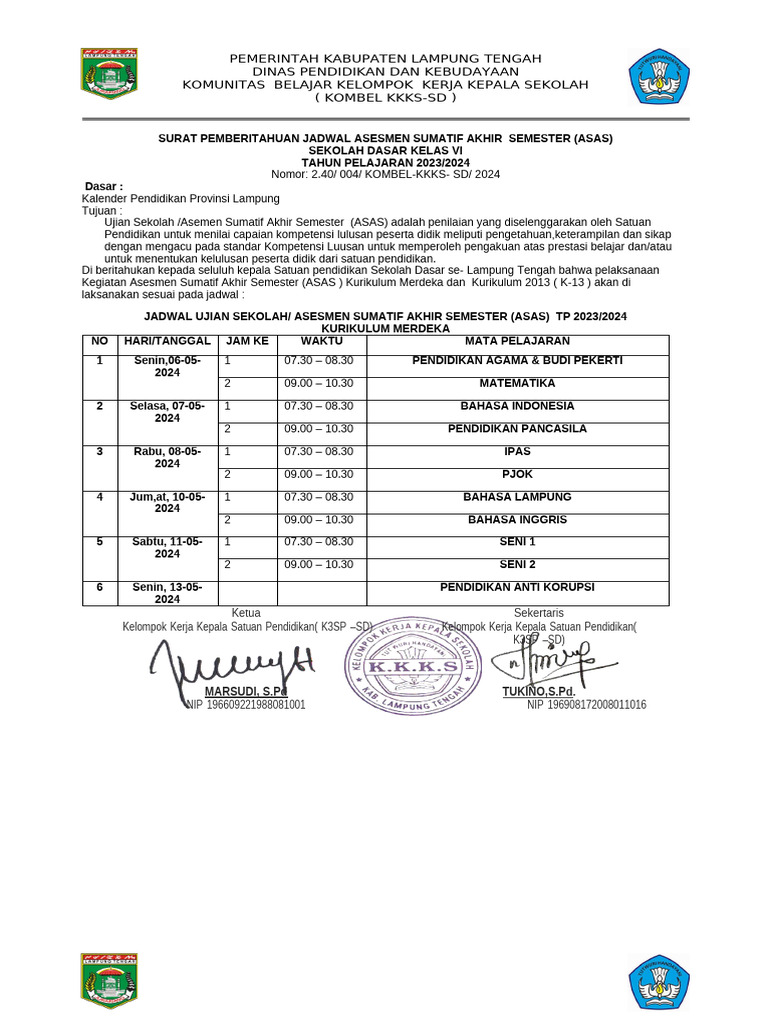 Jadwal Ujian Sekolah TP 2023.2024 | PDF