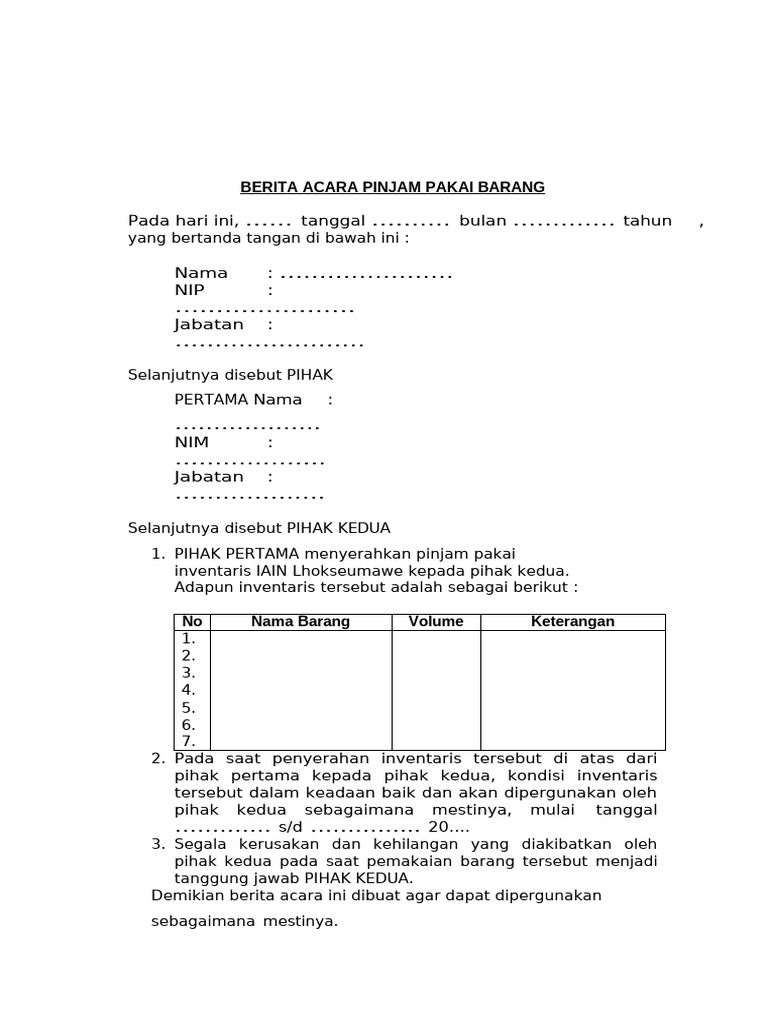 Berita Acara Pinjam Pakai Barang | PDF