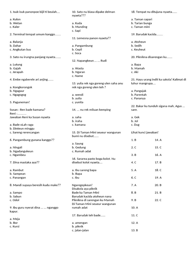 Latihan Soal Bahasa Sunda Kelas 1 Semester1 | PDF