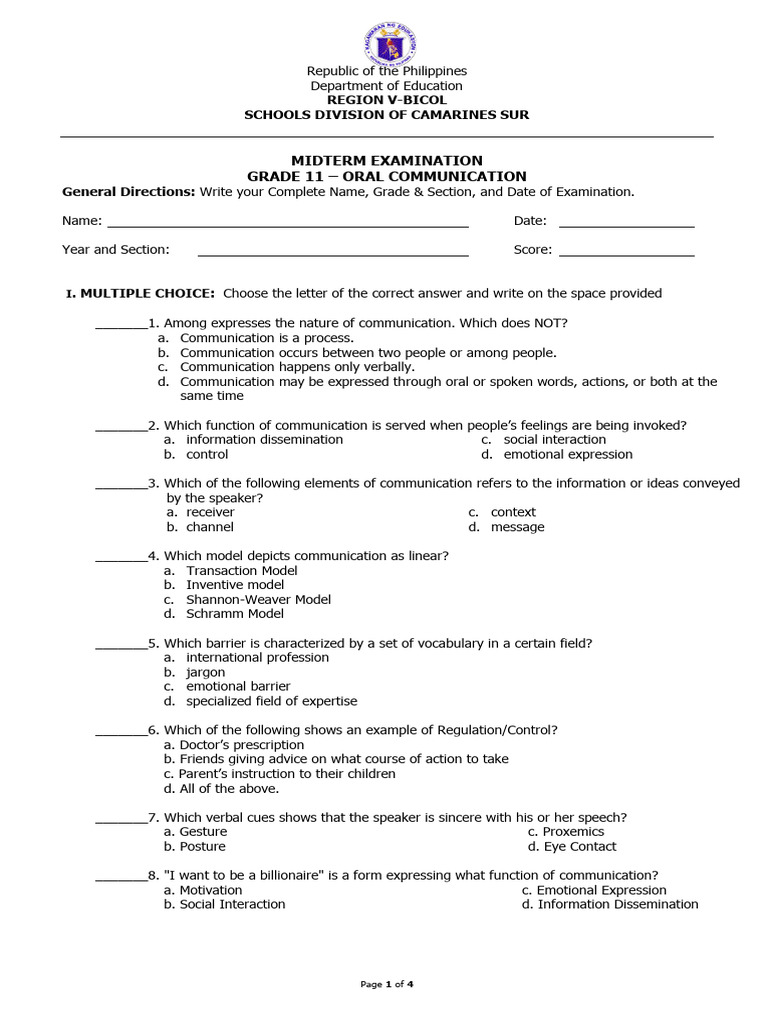 ALS - Oral Communication Midterm Grade 11 Exam | PDF | Communication | Career & Growth