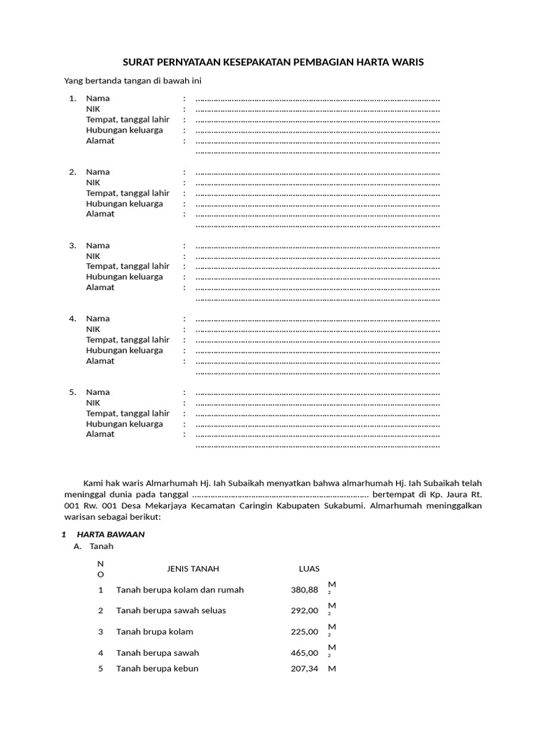 Surat Pernyataan Kesepakatan Pembagian Harta Wari1 | PDF