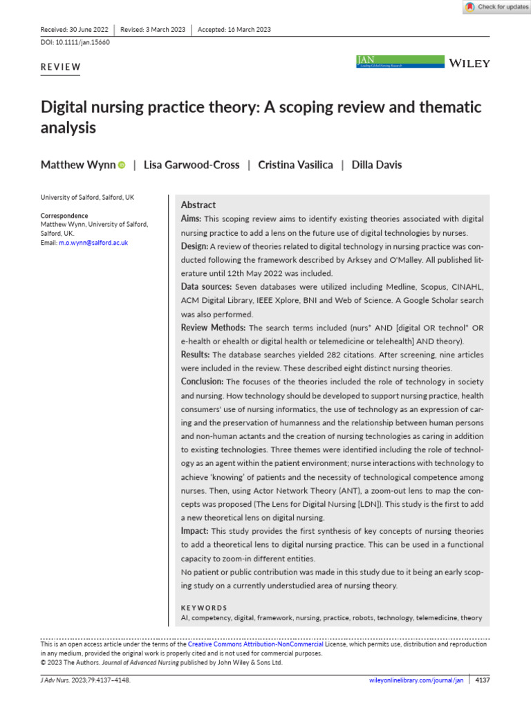 Journal of Advanced Nursing - 2023 - Wynn - Digital Nursing Practice Theory A Scoping Review and ...