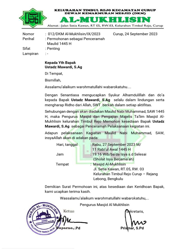 Surat Permohonan Penceramah Maulid 1445 H | PDF