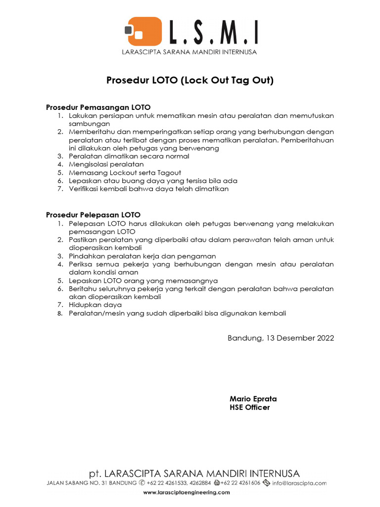 Prosedur LOTO | PDF